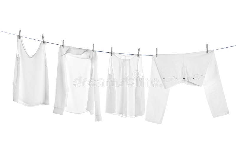 Different Clothes Drying on Laundry Line Against White Background Stock ...