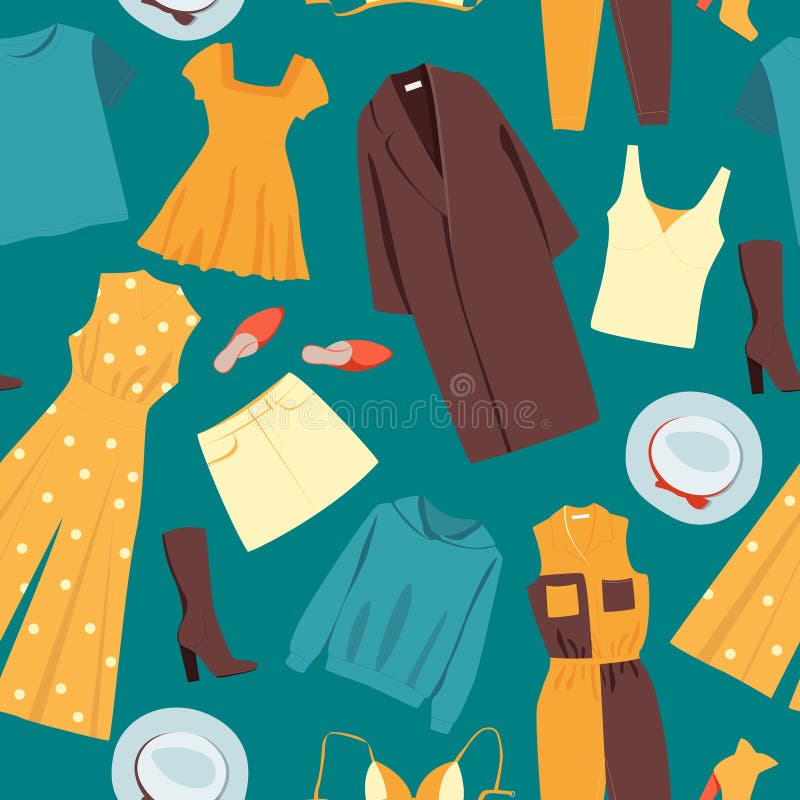 Different Clothes on a Green Background. Seamless Pattern Stock ...