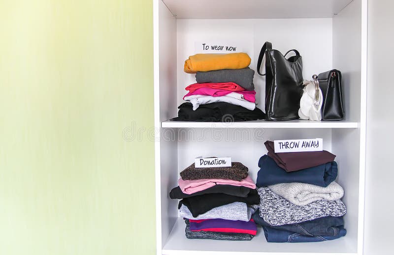 Different Clothes in Home Wardrobe with Paper Notes. Small Space ...