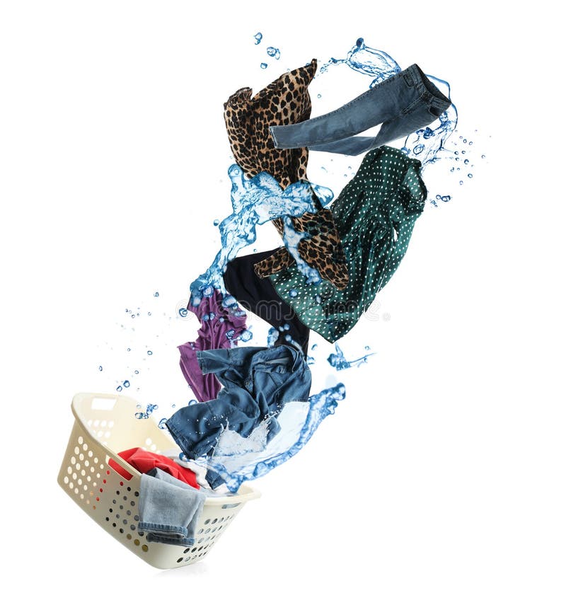 Different Clothes with Water Splash Falling into Laundry Basket Against ...