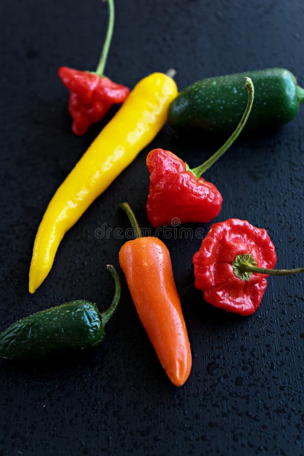 Different Color Chili Peppers on Black Background Stock Photo - Image ...