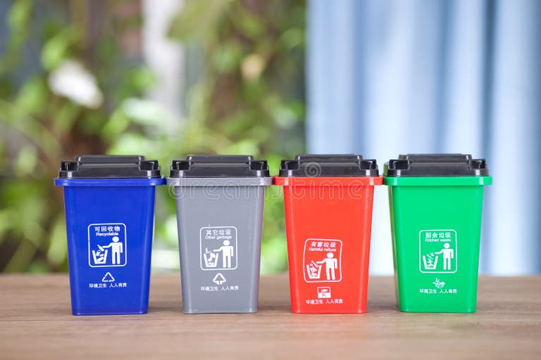 Different Color Classification Trash Bin Models are Arranged in a Row ...