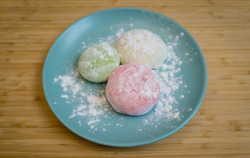 Different Color Delicious Japanese Mochi on the Blue Plate Stock Photo ...