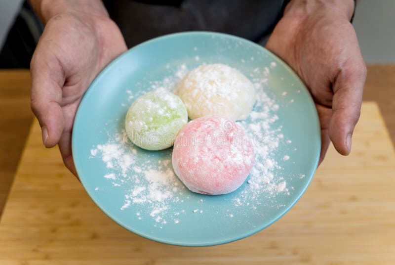 Different Color Delicious Japanese Mochi on the Blue Plate Stock Photo ...