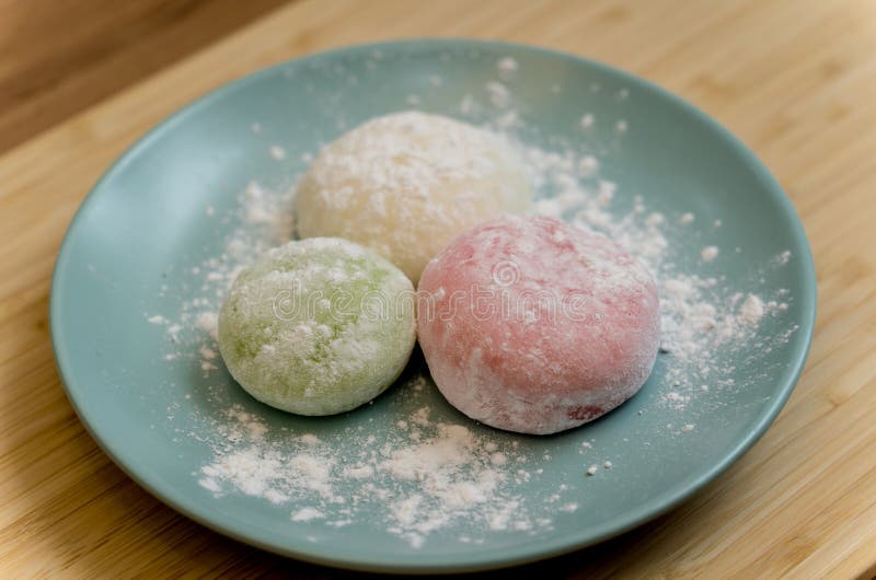 Different Color Delicious Japanese Mochi on the Blue Plate Stock Image ...