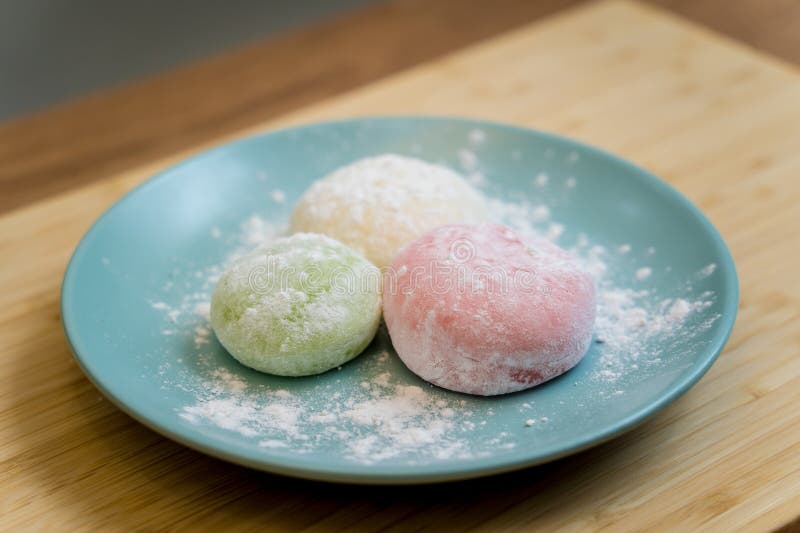 Different Color Delicious Japanese Mochi on the Blue Plate Stock Photo ...