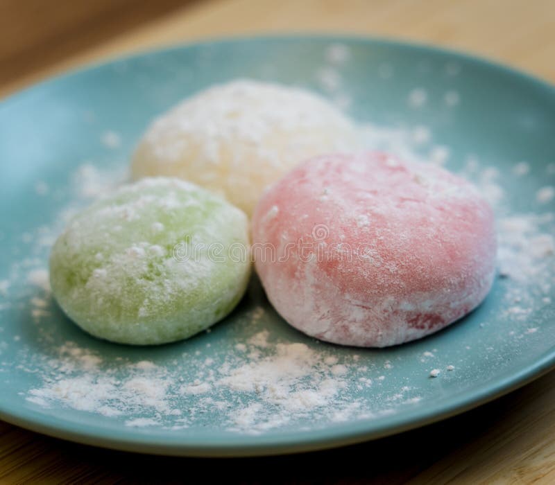 Different Color Delicious Japanese Mochi on the Blue Plate Stock Image ...