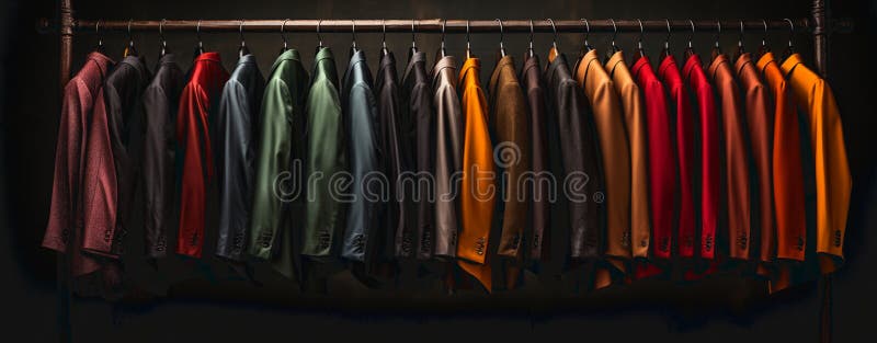 Different Color Jackets Hanging on Rack on Dark Background Stock ...