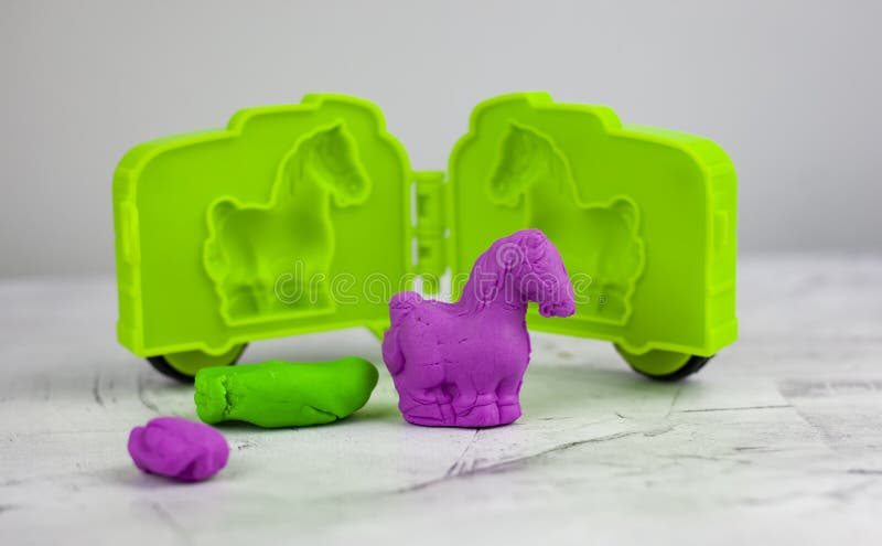 Different Color Play Dough with Molds on Wooden Table. Stock Photo ...
