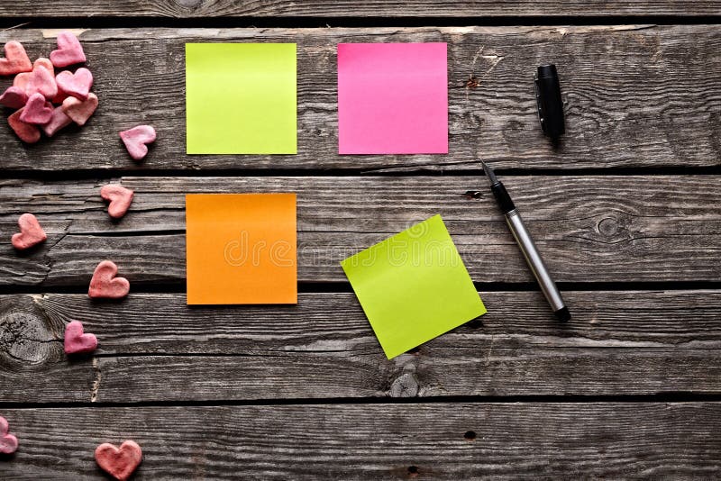Different Color Sticky Notes on Wood Table. Stock Photo - Image of ...
