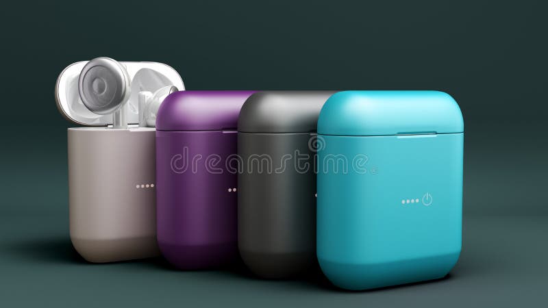 Different Color Wireless Headphones in Charge Box 3d Render Image Stock ...