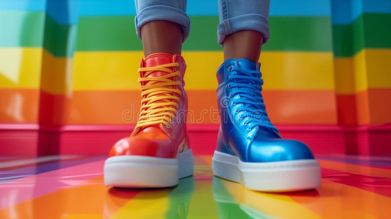 Different Colored Colorful Shoes on a Rainbow Colored Ground and Wall ...