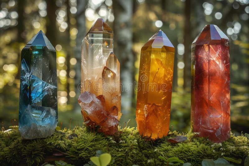 Different Colored Crystals Standing on Moss in the Forest, Beautiful ...