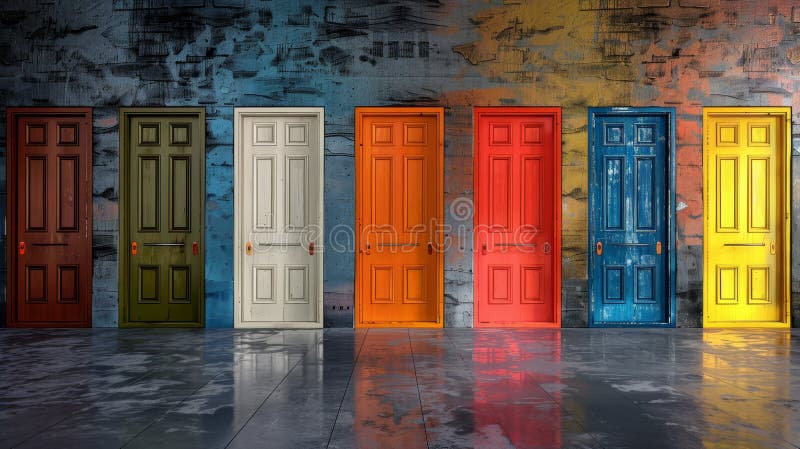 Different Colored Doors in a Row on a Wall, Symbolizing Diversity ...