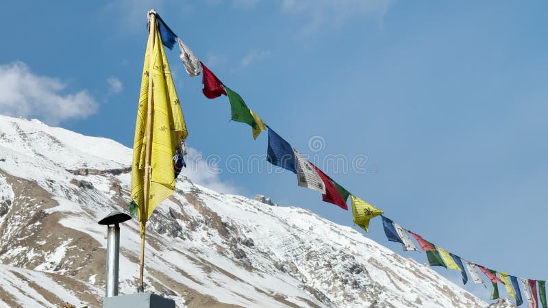 Different Colored Flags Hang in a Line Over the Kaza Monastery in Spiti ...