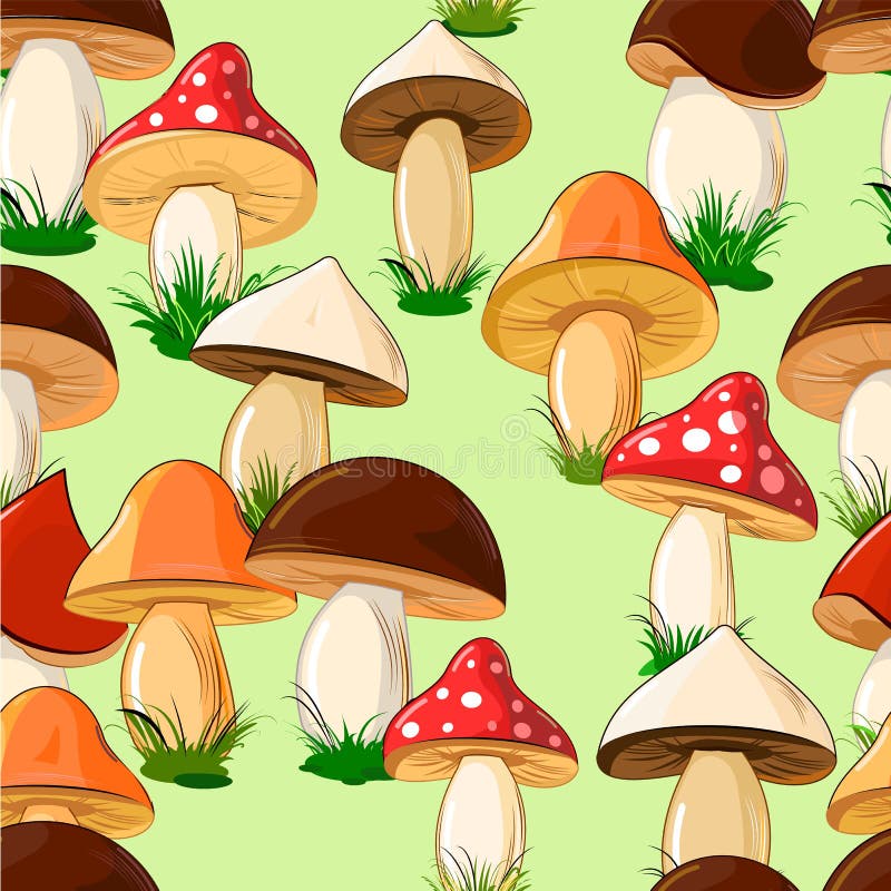Different Colored Mushrooms in a Cartoon Style. Green Seamless Pattern ...