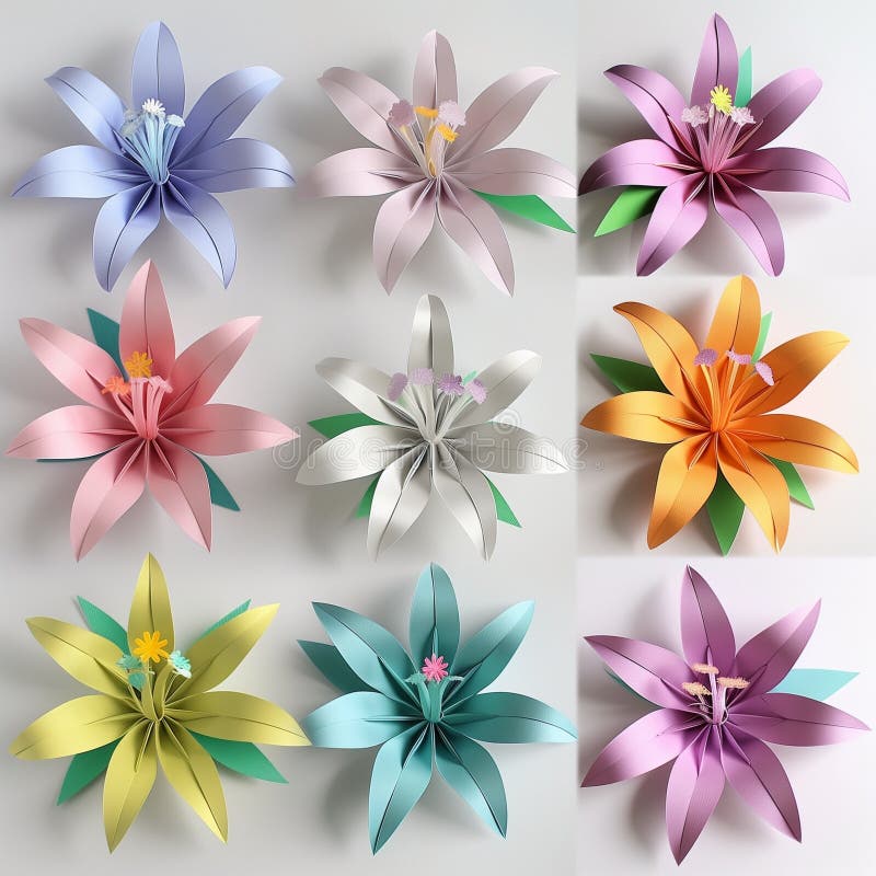 8 Different Colored Paper Lily Flowers, Cut Out and Arranged in an ...