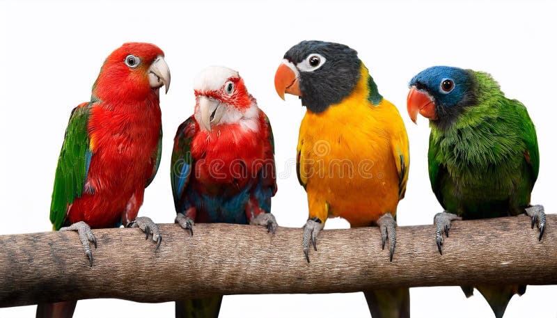 Different Colored Parrots on a Branch Stock Illustration - Illustration ...