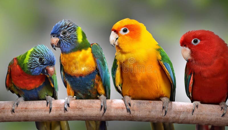 Different Colored Parrots on a Branch Stock Illustration - Illustration ...
