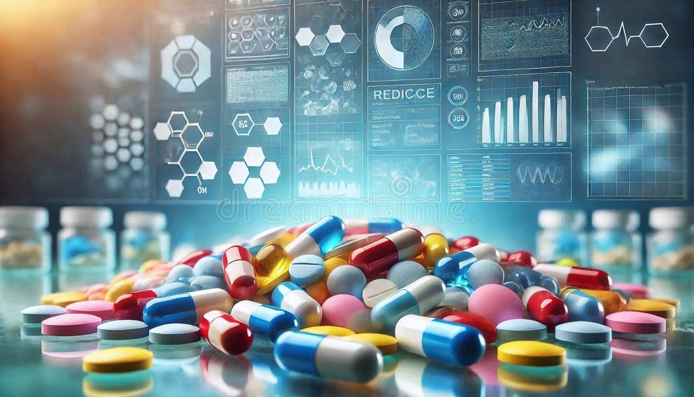 Different Colored Pills on Glossy Table with Futuristic Pharmaceutical ...