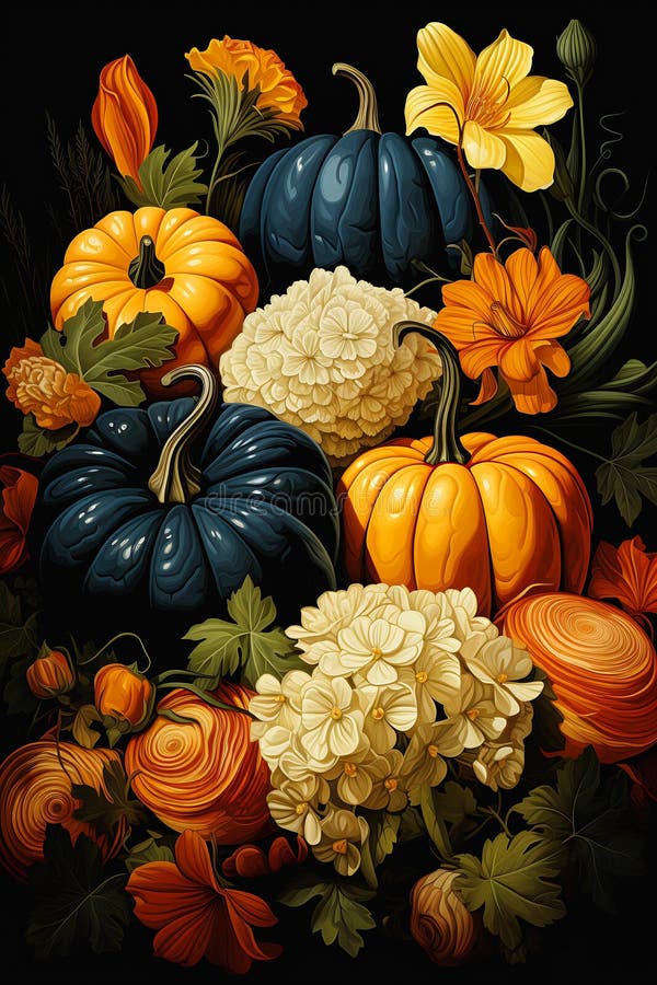 Different Colored Pumpkins and Flowers Stock Illustration ...
