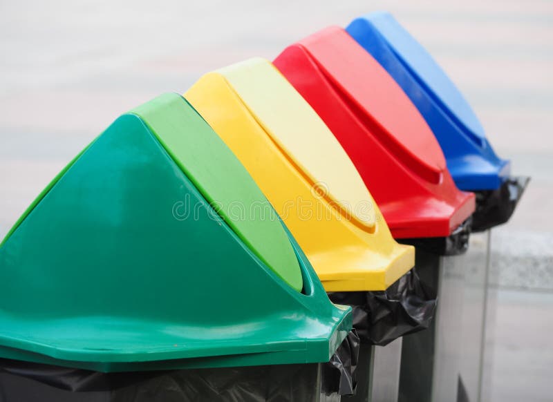 Different Colored Recycle Garbage Trash Bins in the Park. Stock Image ...