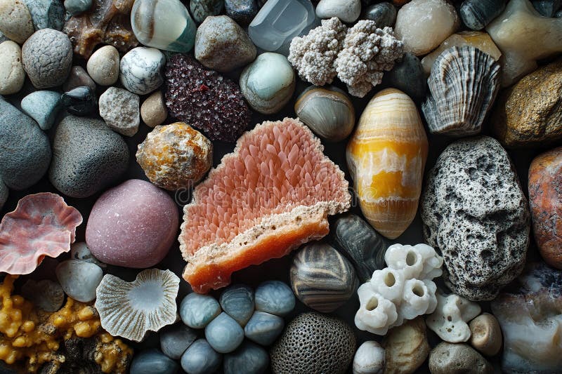 Different Colored Shells, Corals and Stones on the Beach. Close-up of ...