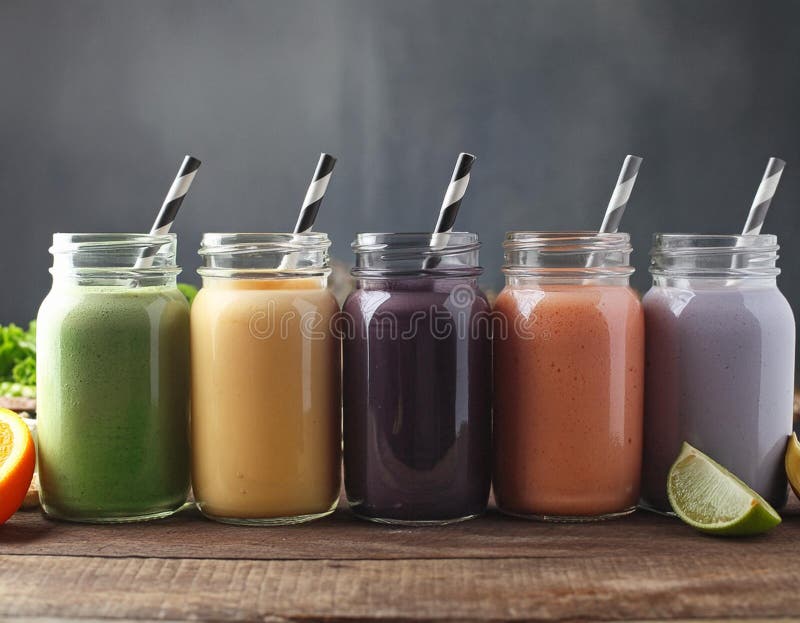Different Colored Smoothies in Glass Jars Lined Up Stock Illustration ...