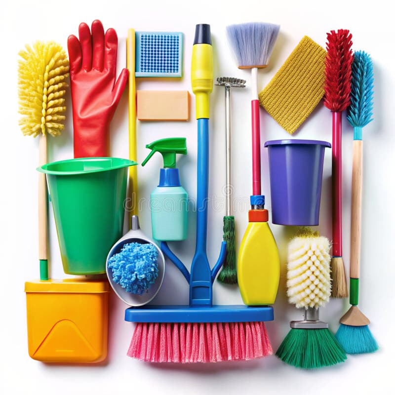 Different Colored Tools for Cleaning on a White Background Stock ...