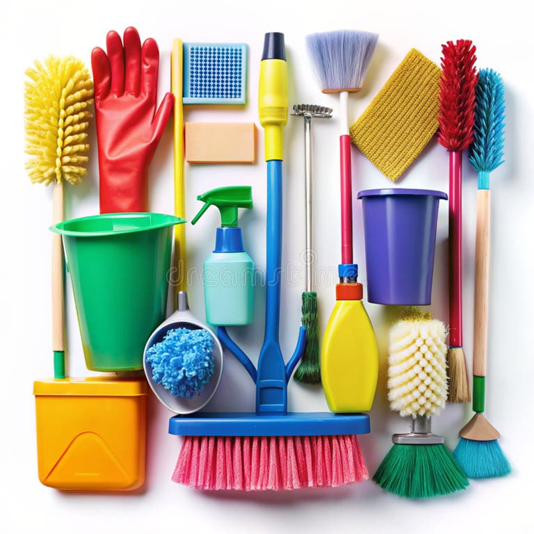 Different Colored Tools for Cleaning on a White Background Stock ...