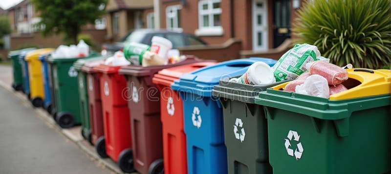 Different Colored Waste Bins Standing Outside Filled with Garbage in a ...