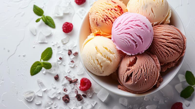 Different Colorful Scoops of Ice Creams in White Bowl, Top View with ... Different Colorful Scoops of Ice Creams in White Bowl, Top View with ...