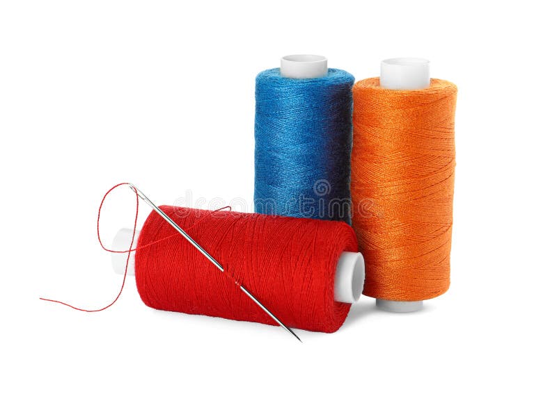 Different Colorful Sewing Threads and Needle on White Background Stock ...