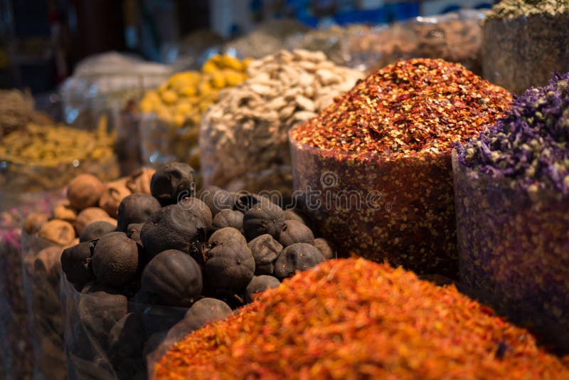Different Colorful Spices in Boxes Sold at Market Stock Image - Image ...