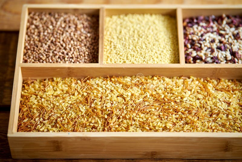 Different, Colorful Types of Groats in a Wooden Box Stock Image - Image ...