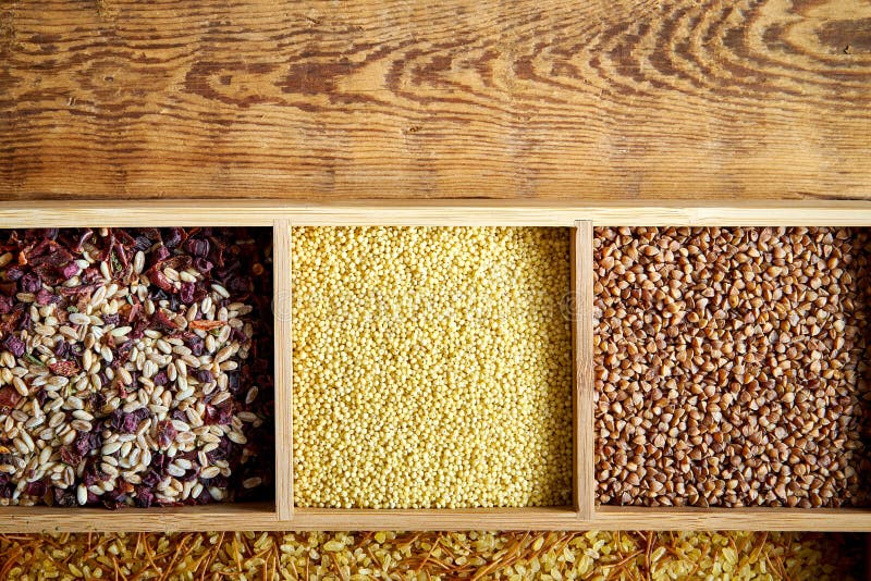 Different, Colorful Types of Groats in a Wooden Box Stock Photo - Image ...