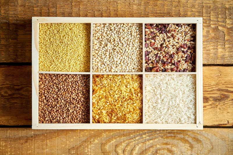 Different, Colorful Types of Groats in a Wooden Box Stock Image - Image ...