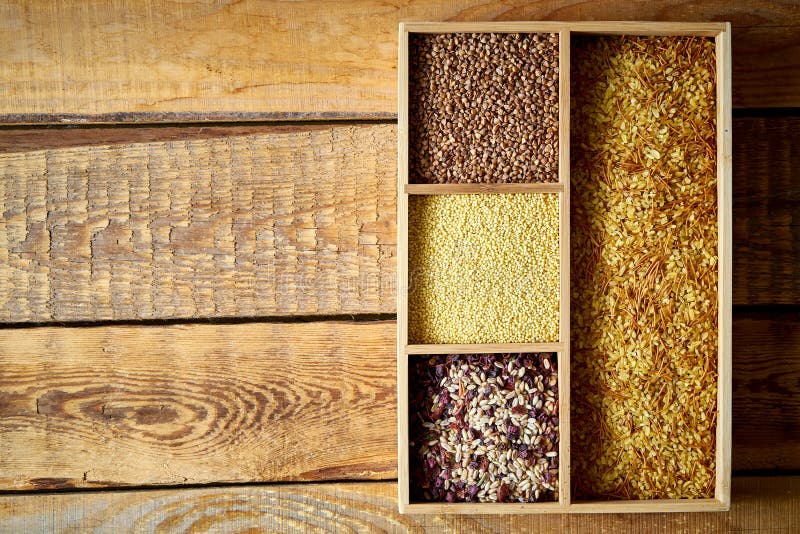 Different, Colorful Types of Groats in a Wooden Box Stock Photo - Image ...