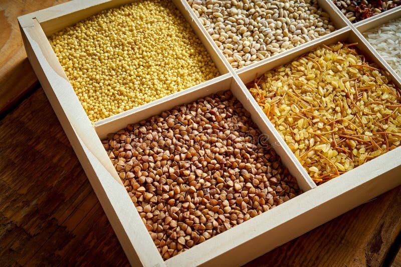 Different, Colorful Types of Groats in a Wooden Box Stock Photo - Image ...