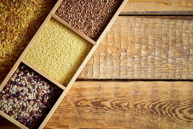 Different, Colorful Types of Groats in a Wooden Box Stock Photo - Image ...