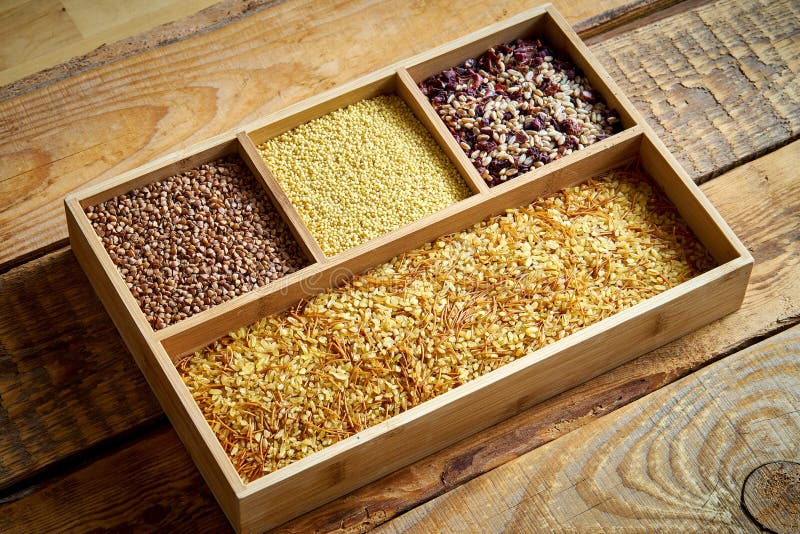 Different, Colorful Types of Groats in a Wooden Box Stock Photo - Image ...