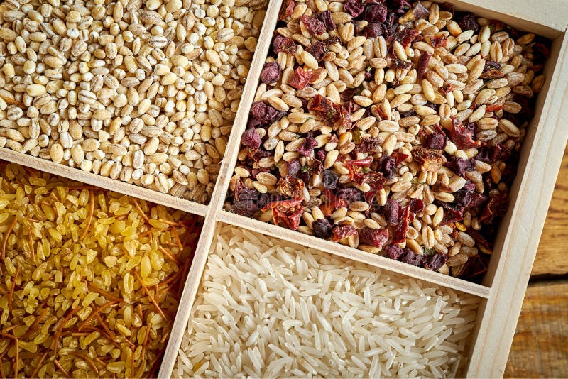 Different, Colorful Types of Groats in a Wooden Box Stock Image - Image ...
