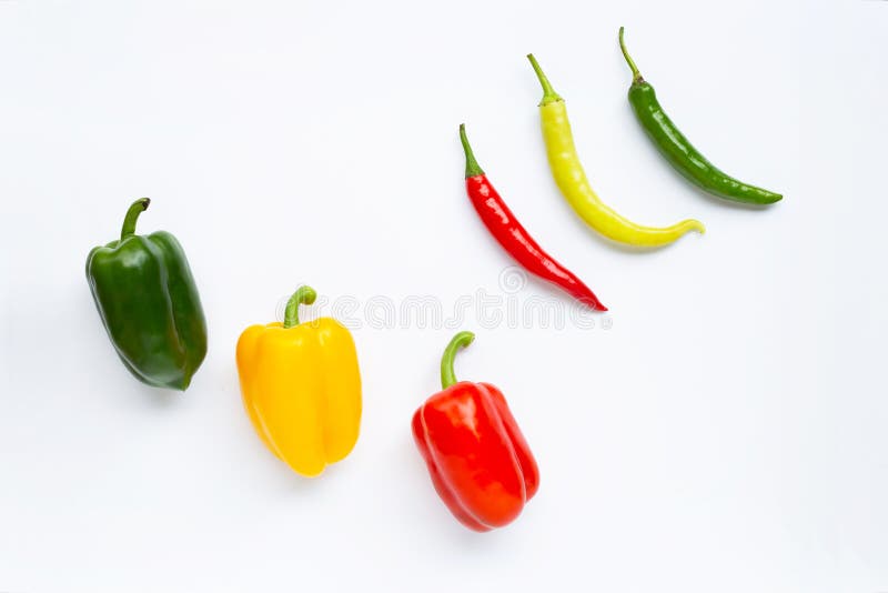 Different Colors Bell Pepper and Chili Peppers Isolated on White Stock ...
