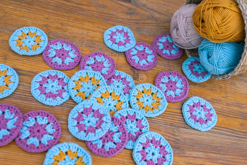 Different Colors Crochet Circle Patterns Overstrew on the Table and a ...