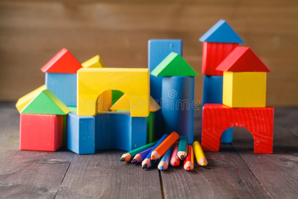 Different Colors of Pencils Ontable with Building Blocks Stock Photo ...