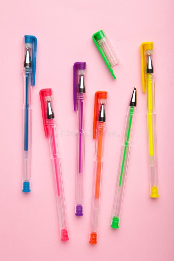 Different Colors Pens on Pink Background. Top View Stock Photo - Image ...