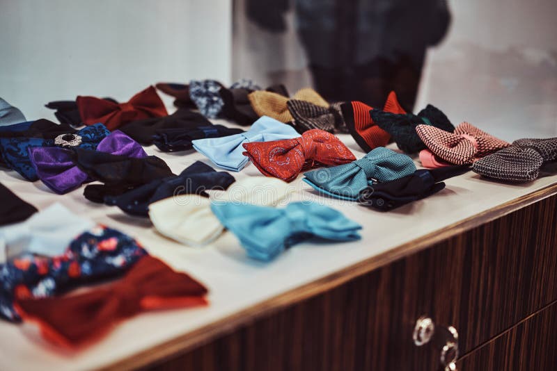 Different Colors Silk Bow Tie on the Table in Menswear Store. Stock ...