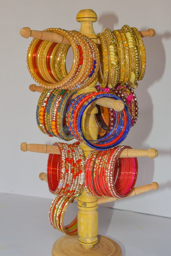 Different Colours of Glass & Metal Bangles on the Stand. Stock Image ...