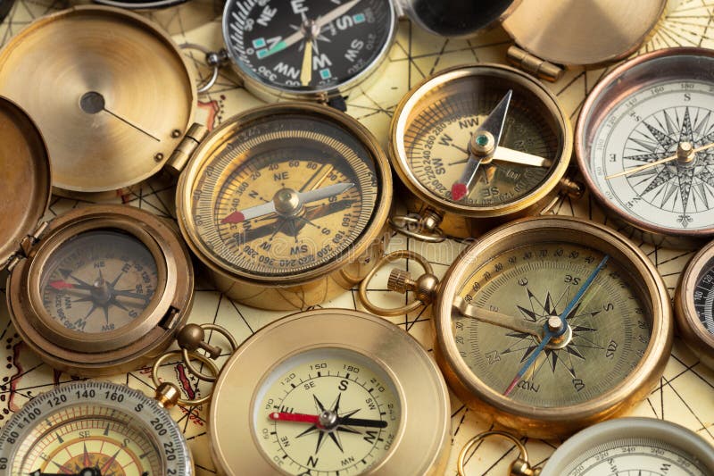 Different Compasses on Old Map Stock Photo - Image of atlas, object ...