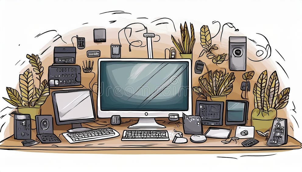 Different Computer Gadgets. Doodle Vector Illustrations Isolate on ...